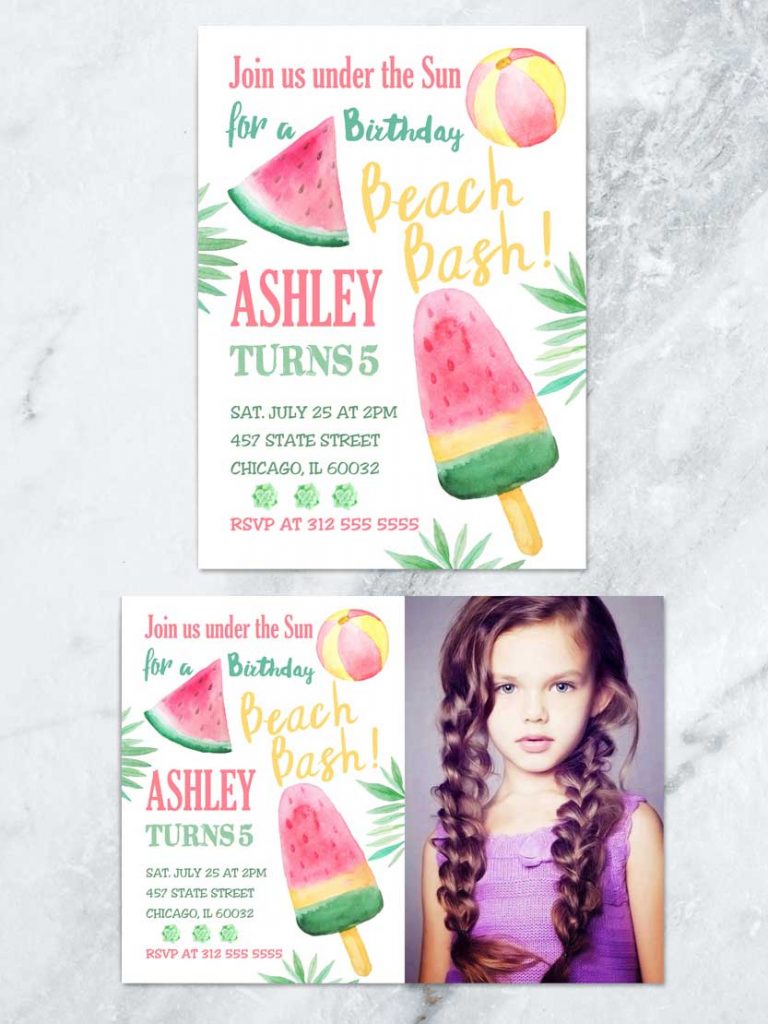 Summer Ice Cream Birthday Invitation, Beach Birthday Theme, Watercolor ...