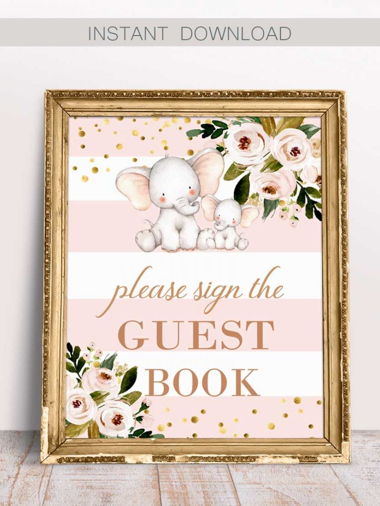 Girl Baby Shower Guest Book Table Sign 8x10" Floral Elephant Baby ...
